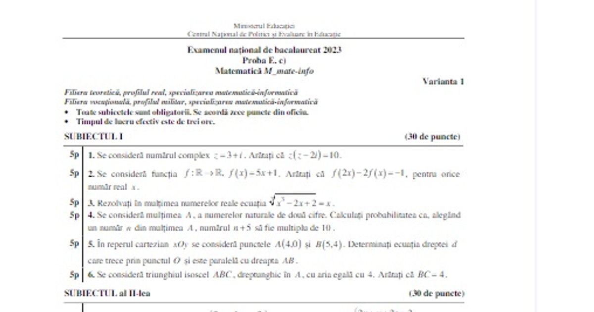 Subiecte Bacalaureat 2024. Ce s-a dat anul trecut la Matematică. „Nota 6 ar trebui să fie ușor ...