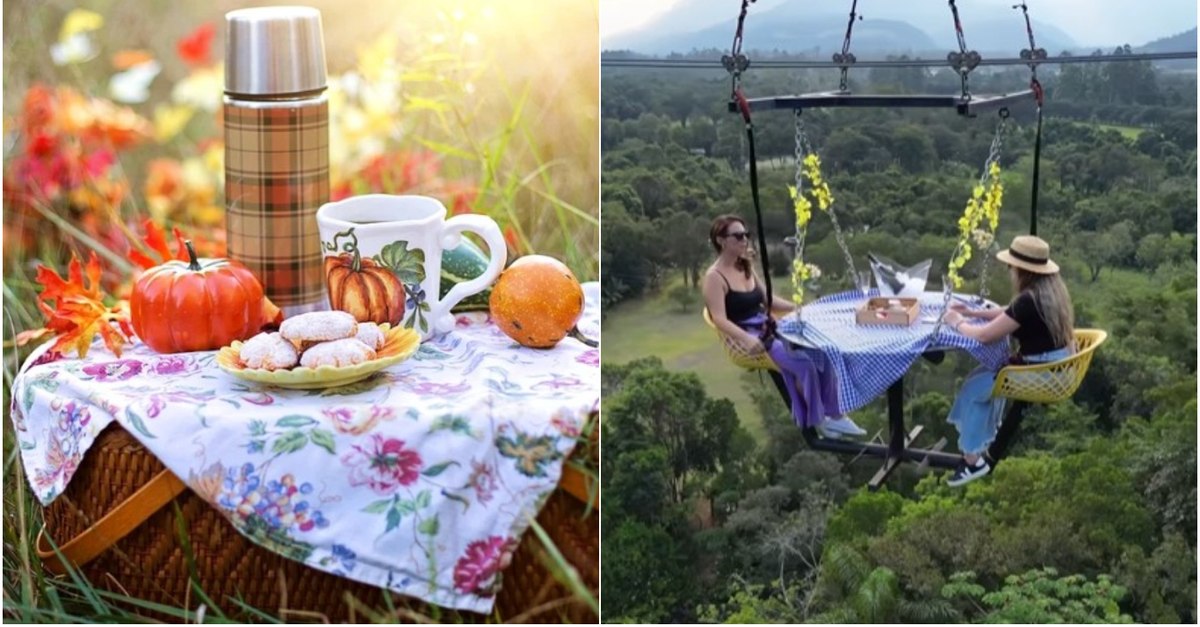 Cel mai spectaculos loc pentru un picnic de neuitat. Turiștii iau masa ...